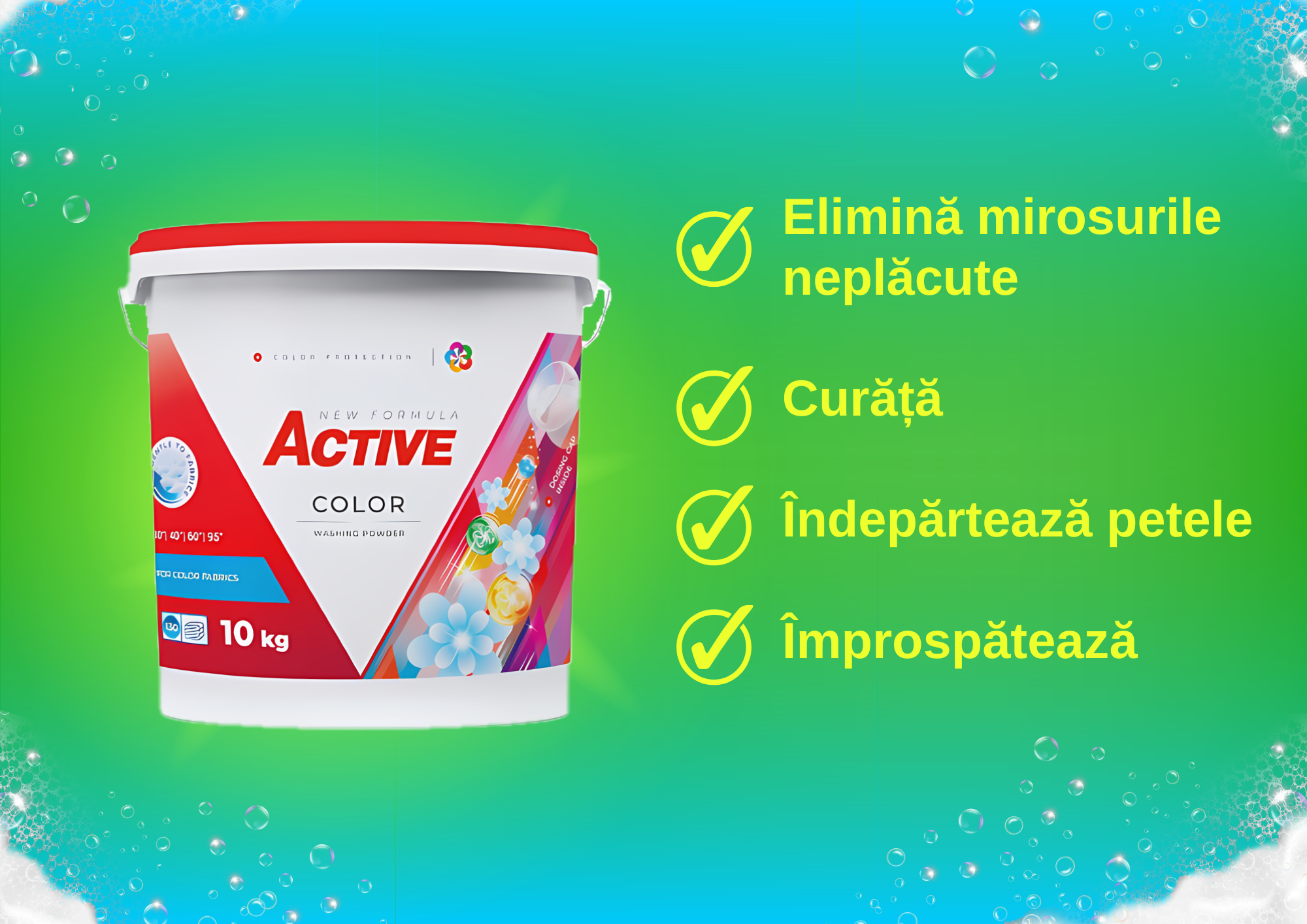 Detergent pudra pentru rufe colorate Active, galeata 10kg, 130 spalari