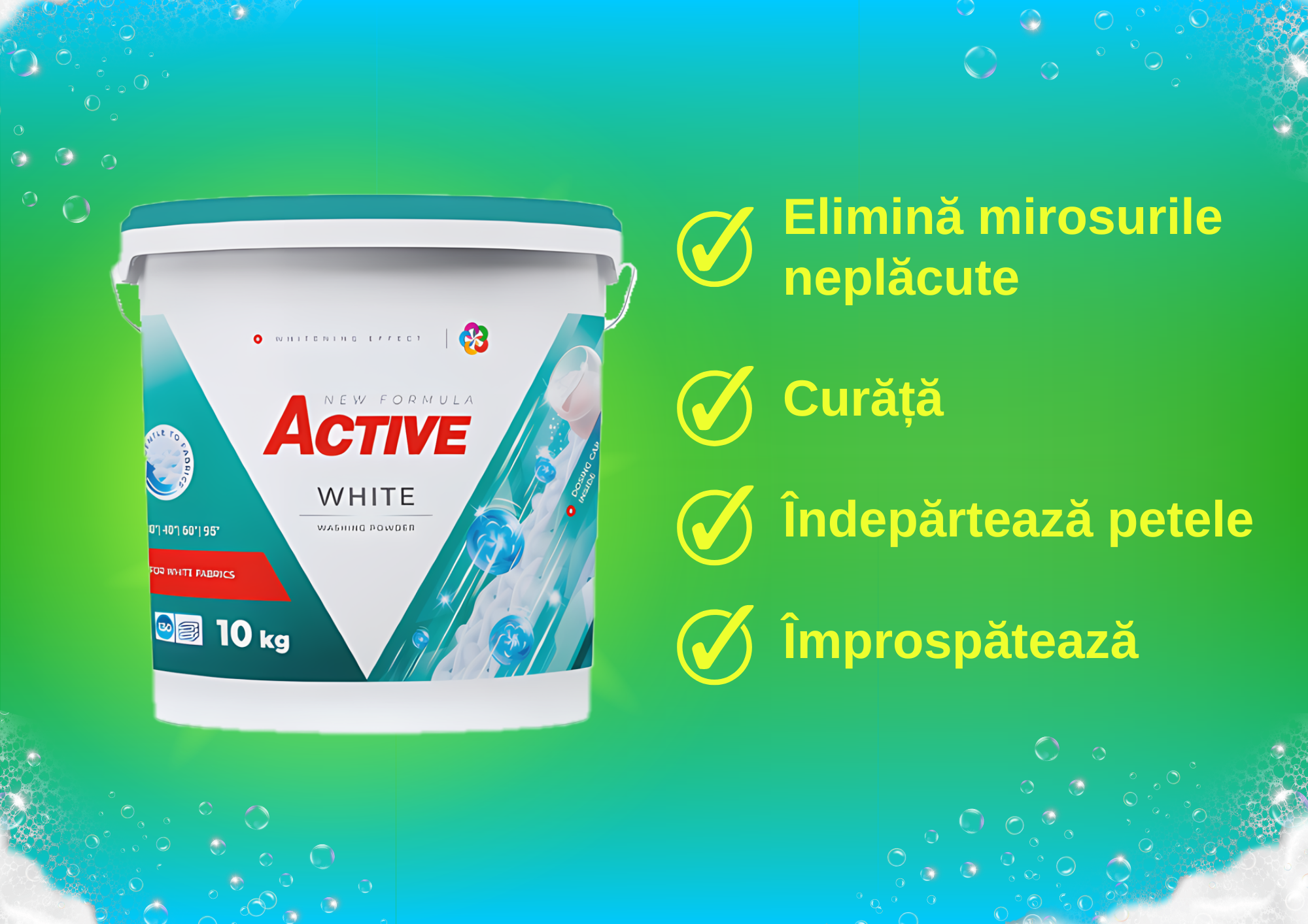 Detergent pudra pentru rufe albe Active, galeata 10kg, 130 spalari ...